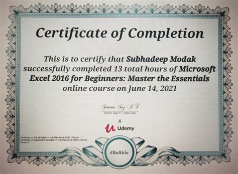 Subhadeep Modak On Linkedin Successfully Completed The Microsoft Excel 2016 For Beginners Course…