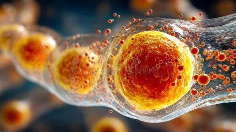 Close Up View Of Glowing Yellow Orange Cells Under A Microscope Floating In A Translucent