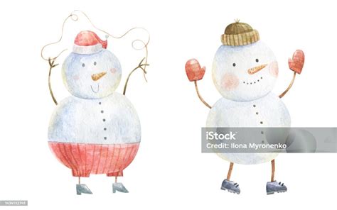 눈사람의 수채화 그림 겨울 휴가 만화 고립 귀여운 재미있는 눈사람 카드 디자인 눈 덮인 축제 시즌 크리스마스 X 마스 새해 12월에 대한 스톡 벡터 아트 및 기타 이미지