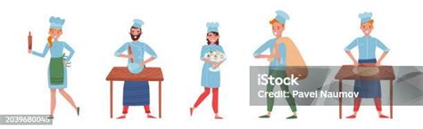 남자와 여자 베이커 캐릭터 에서 앞치마 와 Toque 굽기 빵 와 과자 벡터 세트 밀방망이에 대한 스톡 벡터 아트 및 기타