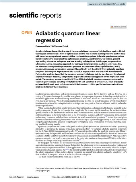 Adiabatic Quantum Linear Regression Pdf Quantum Computing Regression Analysis