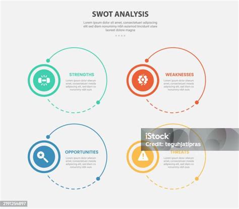 슬라이드 프리젠테이션을 위한 큰 원 조합이 있는 4포인트 템플릿이 있는 Swot 분석 인포그래픽 개요 스타일 0명에 대한 스톡 벡터 아트 및 기타 이미지 Istock