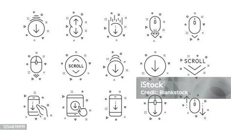 줄 아이콘을 아래로 스크롤합니다 마우스 스크롤 방문 페이지 스 와이프 기호 선형 집합입니다 벡터 0명에 대한 스톡 벡터 아트 및