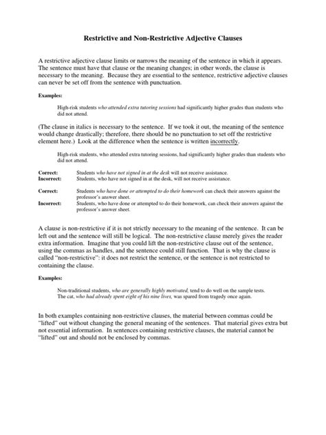 Restrictive And Non Restrictive Adjective Clauses Pdf Sentence Linguistics Adjective