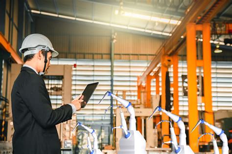 아시아 남성 엔지니어 공장 검사 와 로봇 Ai 기계 지원 생산 엔지니어 산업 그녀는 헬멧 여성 작업 금속 작업 제어 산업에서