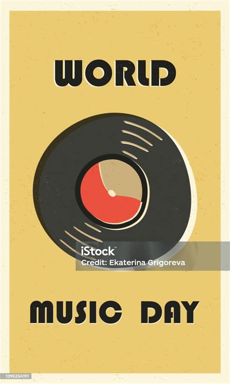 복고풍 스타일 세계 음악의 날 카드 배너 디자인 질감이있는 노란색 배경에 재미있는 비닐 레코드 디스크 손으로 그린 구식 벡터 일러스트레이션 10월에 대한 스톡 벡터 아트 및