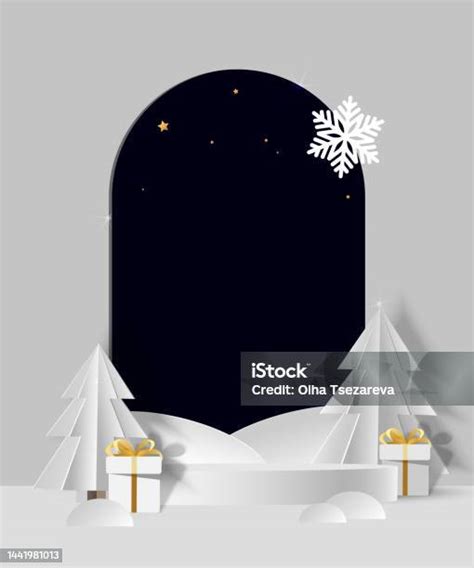 흰색 크리스마스 트리와 종이 컷 스타일의 눈송이가 있는 흰색 연단 크리스마스에 대한 스톡 벡터 아트 및 기타 이미지 크리스마스 강단 종이 Istock