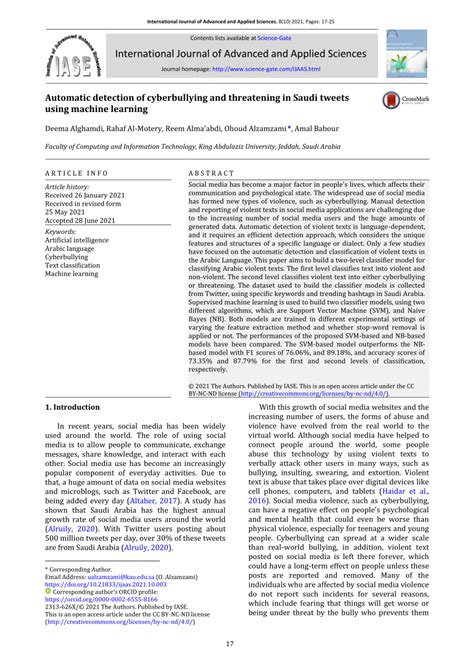 Pdf Automatic Detection Of Cyberbullying And Threatening In Saudi Tweets Using Machine Learning