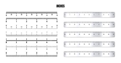 길이나 높이를 측정하기 위한 검정색 인치 눈금이 있는 현실적인 금속 눈금자 구분선이 있는 다양한 측정 눈금자 줄자 표시 크기 표시기 벡터 그림 프리미엄 벡터