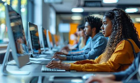 A Group Of People Are Using Computers With The Word On The Screen Premium Ai Generated Image