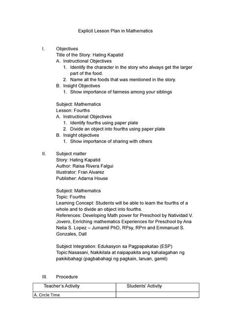 Immersion Math An Explicit Lesson Plan In Mathematics For