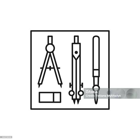블랙 화이트 벡터 일러스트 키트 나침반 분배자 펜 판결 제도의 건축가 기안자 기안자에 대 한 악기의 선 아이콘입니다 기술 및 기계 드로잉 도구입니다 고립 된 개체 아이콘에