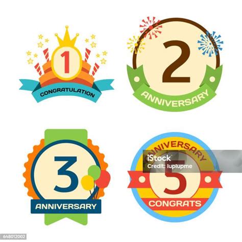 생일 배지 배너 디자인 플랫 설정된 축 하 엠 블 럼 기념일 카드 날짜와 종이 스티커 초대장 인쇄 술 벡터 그림 기호에 대 한 숫자 하루 공휴일에 대한 스톡 벡터 아트 및