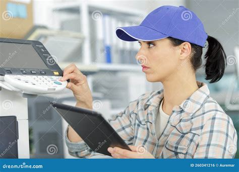 Adult Woman Checking Printer Stock Photo Image Of Device Horizontal