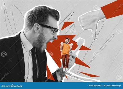 Collage Creative Poster Monochrome Effect Angry Boss Scream Loud Humiliation Scary Shocked Man