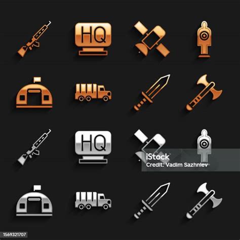군용 트럭 사격을 위한 인간 표적 스포츠 전쟁 도끼 검 막사 위성 스코프와 본부 아이콘이 있는 저격 소총을 설정합니다 벡터 강철에 대한 스톡 벡터 아트 및 기타 이미지