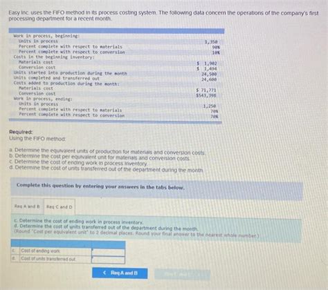 Solved Easy Inc Uses The FIFO Method In Its Process Cos