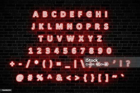 빨간 네온 은 어두운 벽돌 벽 배경에 대문자 숫자와 기호를 표시합니다 편집하고 사용자 정의하기 쉬운 현대 벡터 알파벳 Eps 10 0명에 대한 스톡 벡터 아트 및 기타