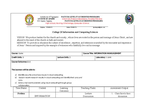Infrmation And Management Archdiocese Of Tuguegarao Pacucoa Level Iv Accredited Programs