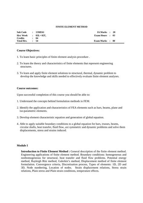 Pdf Finite Element Method Credits · 1 To Learn Basic Principles Of Finite Element Analysis