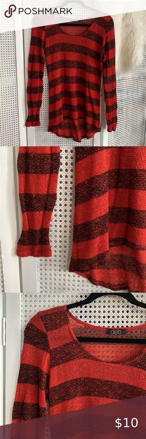 🤎 Deb Red And Black Striped Long Sleeve Lightly Sheer Black Striped Long Sleeve Shirt Striped