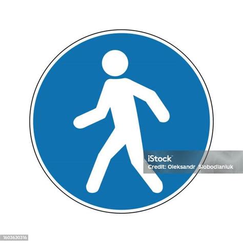 보행자 구역 표지판 필수 기호입니다 둥근 파란색 기호입니다 횡단 보도 도보 통행만 가능합니다 입구 교통 규칙을 따르십시오 도로 표지판 0명에 대한 스톡 벡터 아트 및 기타