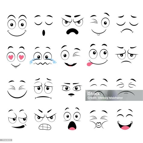 만화 얼굴 표정이 좋은 눈과 입 웃고 울고 놀란 캐릭터 얼굴 표정 캐리커처 만화 감정 또는 이모티콘 낙서 격리 벡터 일러스트