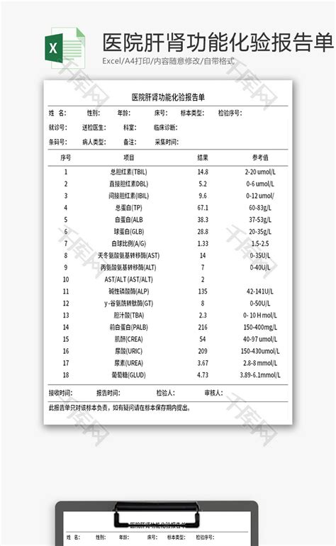 医院肝肾功能化验报告单Excel模板 千库网 excelID169886