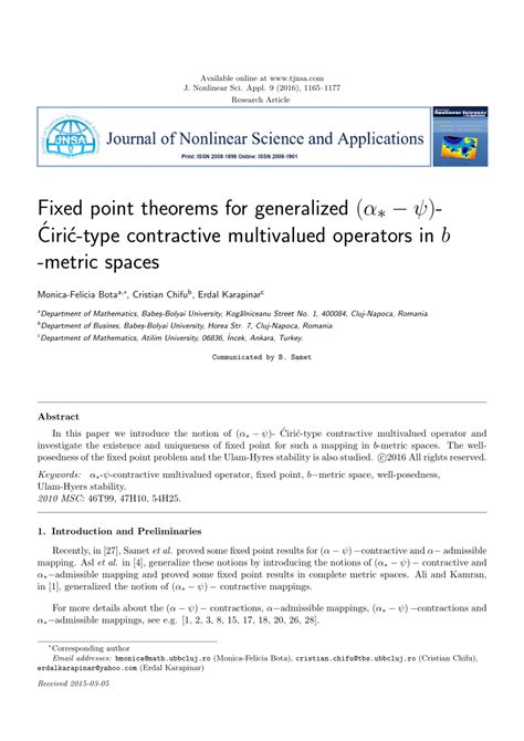 Pdf Fixed Point Theorems For Generalized α Ψ Ćirić Type Contractive Multivalued Operators