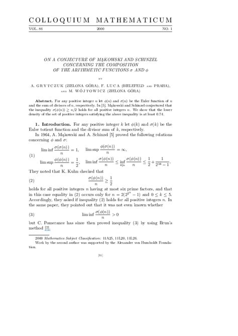 On A Conjecture Of Mąkowski And Schinzel Concerning The Composition Of The Arithmetic Functions