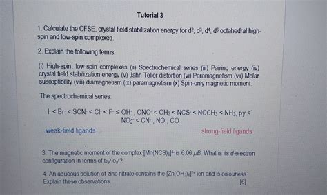 Solved Tutorial 3calculate The Cfse Crystal Field