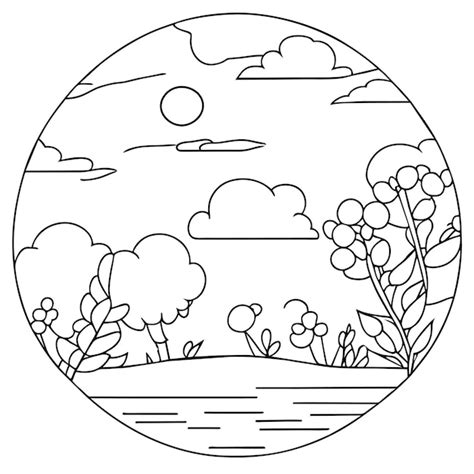 색칠 페이지 풍경 자연 장면 태양 구름 또는 초원 풍경 장면 많은 나무 꽃 프리미엄 벡터