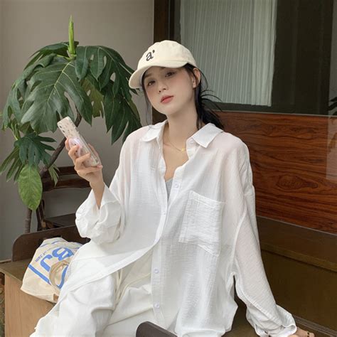 마쉬옐로우 색상아이보리m당일발송 봄여름신상셔츠데이트룩 카라 긴팔 쉬폰 시스루 오버핏 선 스크린 셔츠 캠퍼스룩