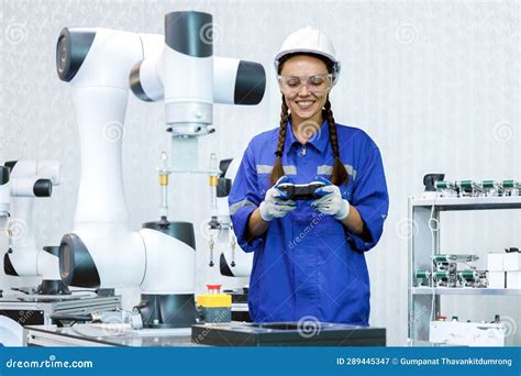 Female Automation Machine Engineer Babe Study And Inspection Control Robot Arm Machine In