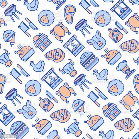 정육점이 게 원활한 패턴 선 아이콘 고기 스테이크 쇠고기 돼지고기 양고기 바베 큐 치킨 햄버거 절단 보드 고기 칼 현대 벡터