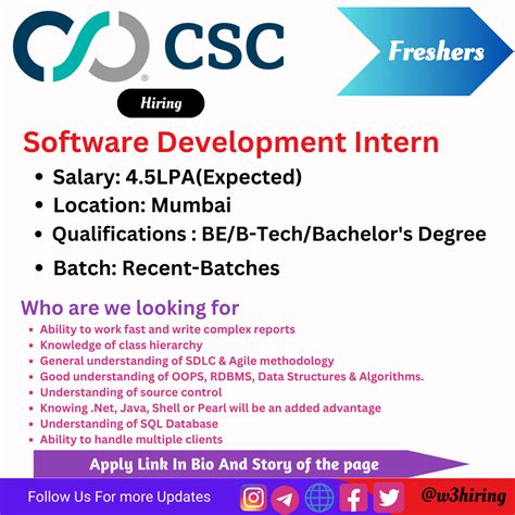 Csc Jobs 2024 Hiring Software Development Intern Be B Tech Bachelors Degree Apply Today