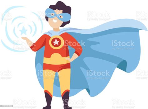 다채로운 슈퍼 히어로 의상 슈퍼 아이 캐릭터 마스크와 블루 케이프 서 있는 벡터 일러스트 레이 션을 입고 귀여운 소년 귀여운에