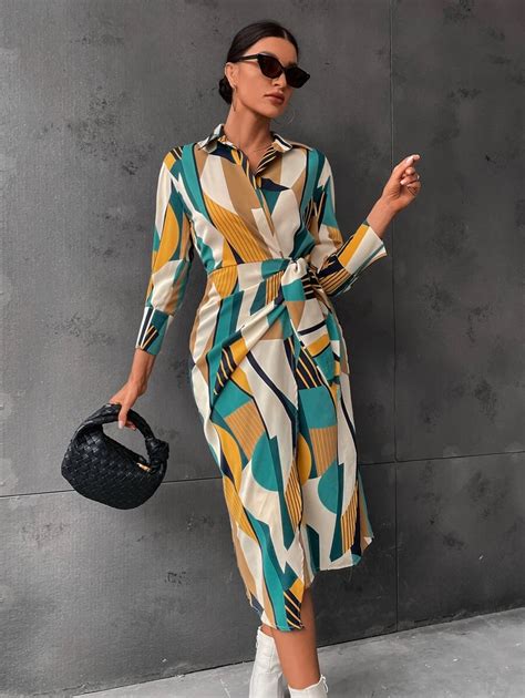 Random Geo Print Ruched Wrap Knot Side Dress Fashion Printed Wrap