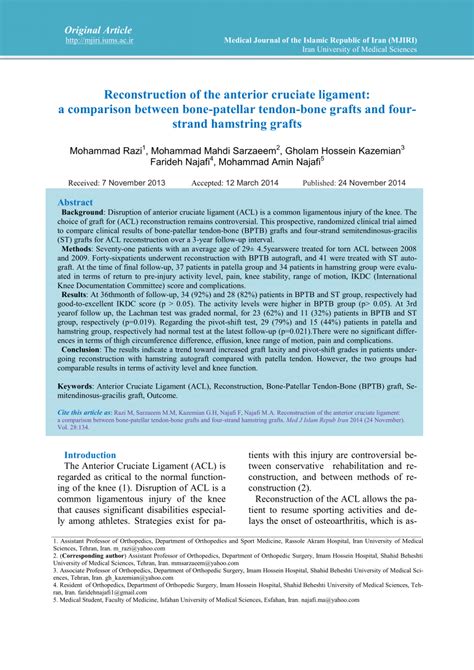 Pdf Reconstruction Of The Anterior Cruciate Ligament A Comparison Between Bone Patellar