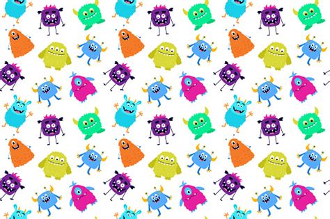 귀여운 다채로운 몬스터와 함께 원활한 패턴 유치한 카드와 책을 위한 재미있는 멋진 만화 푹신한 괴물 흰색 배경에 벡터 반복 패턴입니다 귀신에 대한 스톡 벡터 아트 및 기타