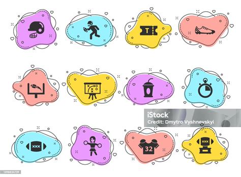 흰색 배경에 고립 된 컬러 버블 모양의 미국 축구 글리프 벡터 아이콘 웹 디자인 모바일 앱 및 Ui 디자인을위한 미식 축구 아이콘 세트 개체 그룹에 대한 스톡 벡터 아트 및