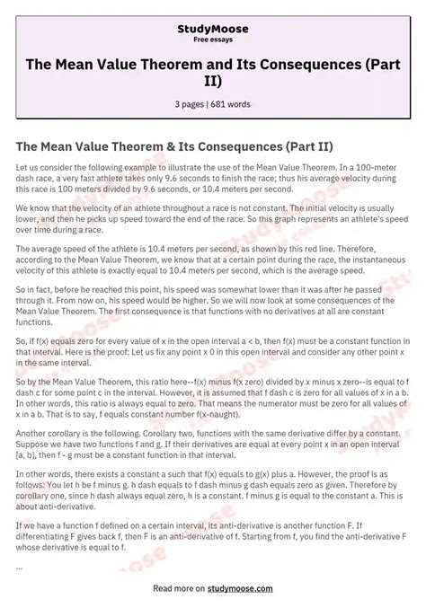 The Mean Value Theorem And Its Consequences Part Ii Free Essay Example