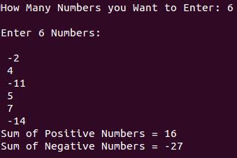 Display Sum Of All Positive Negative Numbers