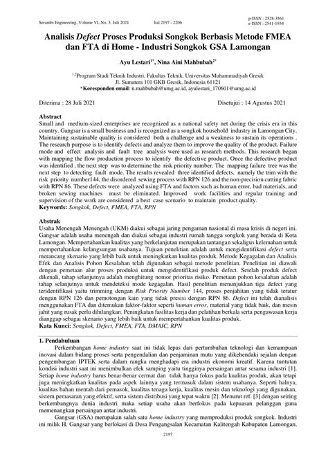 PDF Analisis Defect Proses Produksi Songkok Berbasis Metode FMEA Dan FTA Di Home Industri