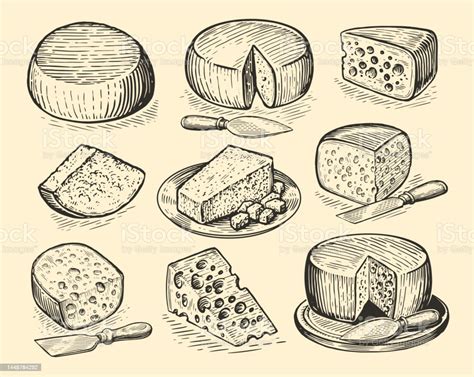 치즈 만들기 다양한 종류의 치즈 세트 유제품 수집 스케치 스타일의 벡터 그림 갈기갈기 찢어진에 대한 스톡 벡터 아트 및 기타