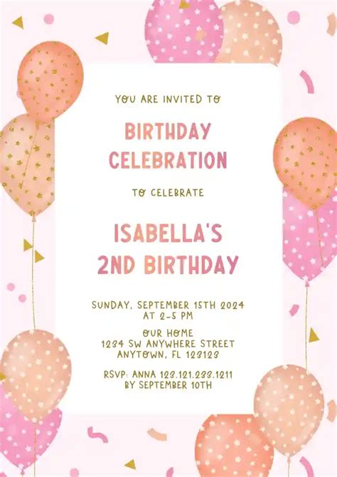 귀여운 풍선 무료 어린이 생일 초대장 템플릿 Invitanku