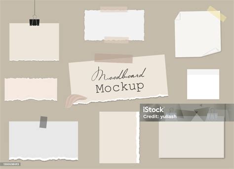 끈적 끈적한 테이프와 바인더 클립 찢어진 종이 조각 미리 알림 카드에 다른 노트세트 현대적인 디자인 프리젠 테이션 소셜 미디어에 대한 모형 벡터 3d 사실적입니다 베이지색의