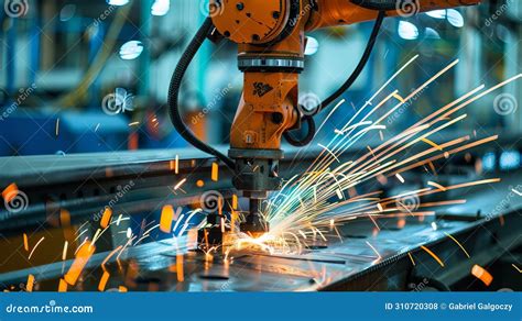 Closeup Of Automated Robot Arm In Manufacturing Factory Warehouse Laser Cutting Stock