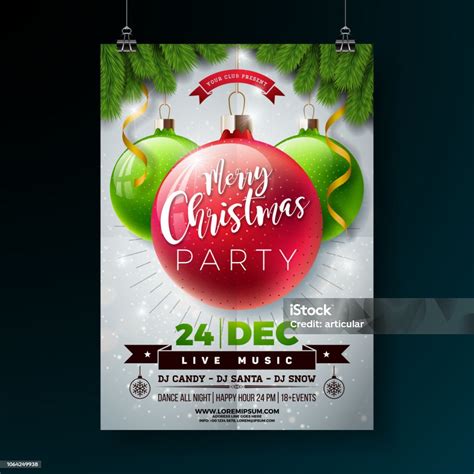 반짝이 유리 공와 흰색 바탕에 파인 지점 크리스마스 파티 전단지 그림 초대 또는 배너 벡터 휴일 축 하 포스터 디자인 템플릿 목재 재료에 대한 스톡 벡터 아트 및 기타