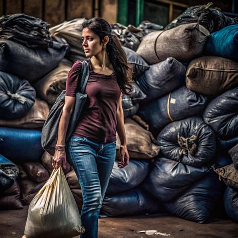 Woman Passing Trough Piles Of Bags Premium Ai Generated Image Woman Passing Trough Piles Of Bags Premium Ai Generated Image